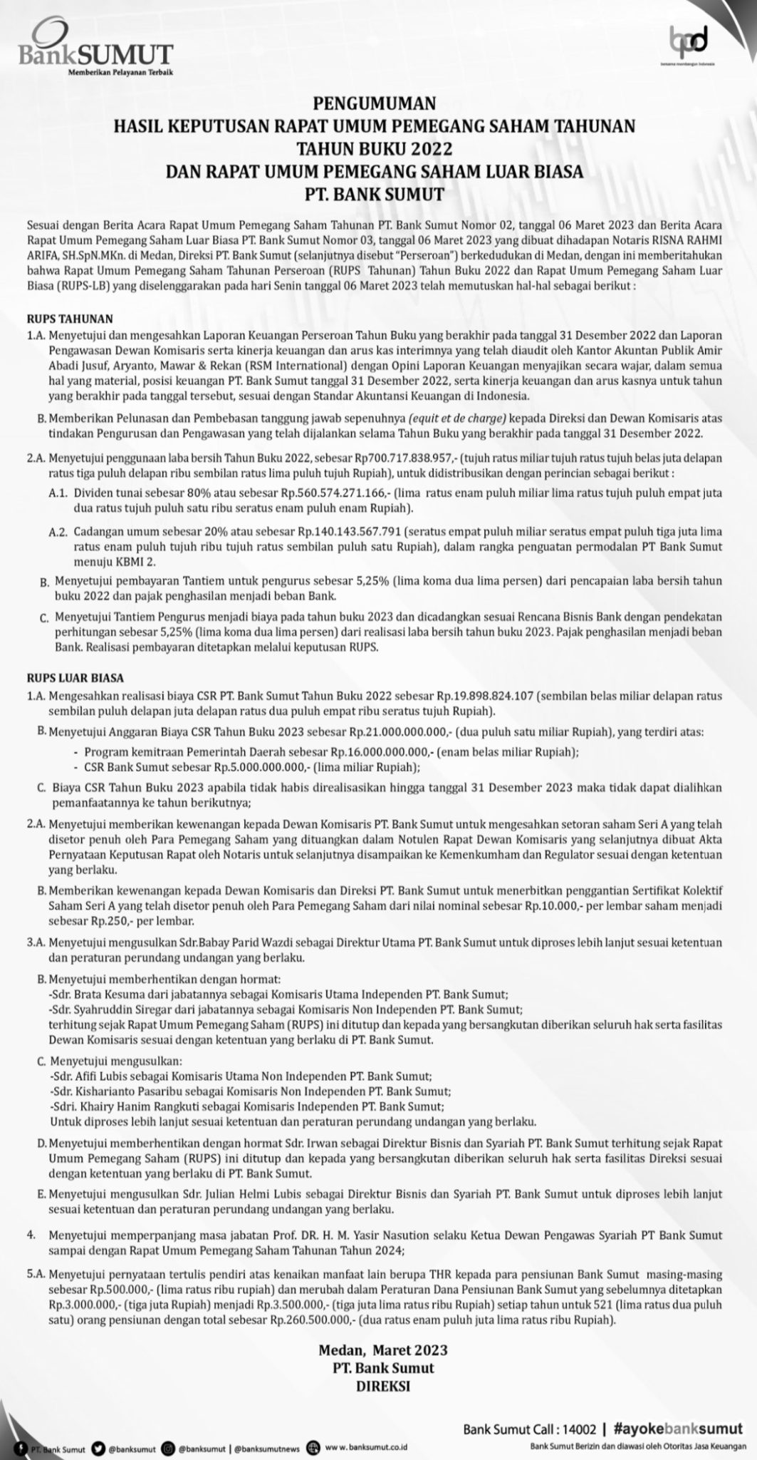 PENGUMUMAN HASIL KEPUTUSAN RAPAT UMUM PEMEGANG SAHAM TAHUNAN TAHUN BUKU 2022 DAN RAPAT UMUM ...